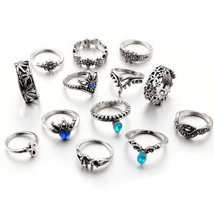 Jewelry | 13 Pcs Bohemian Retro Silver Crystal Gem Ring Set | Poshmark